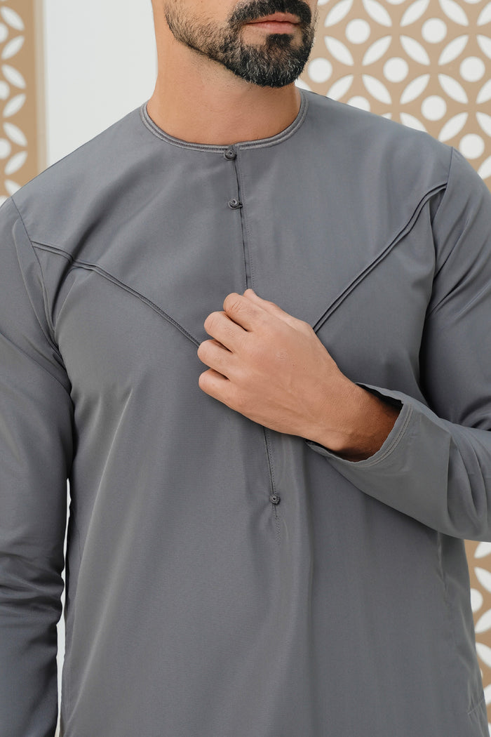 Designer Thobe | Collar Thobe | Luxury Jubbas | Faris | Emirati Charcoal