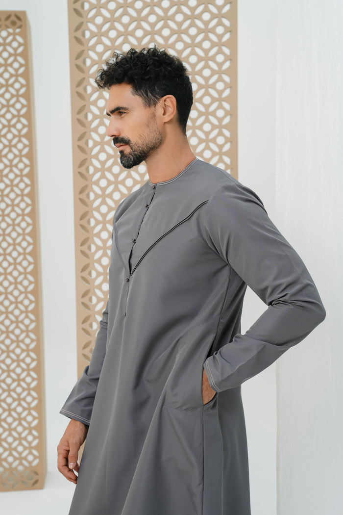 Designer Thobe | Collar Thobe | Luxury Jubbas | Faris | Emirati Charcoal
